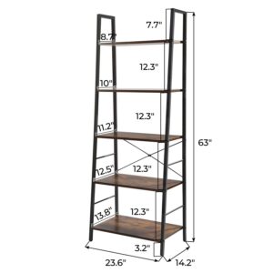 CHADIOR Ladder Bookshelf, 5-Tier Industrial, Freestanding Tall Wooden and Metal Frame Shelf, Narrow Etagere Bedroom and Living Room Easy Assembly Bookcases, Rustic Brown