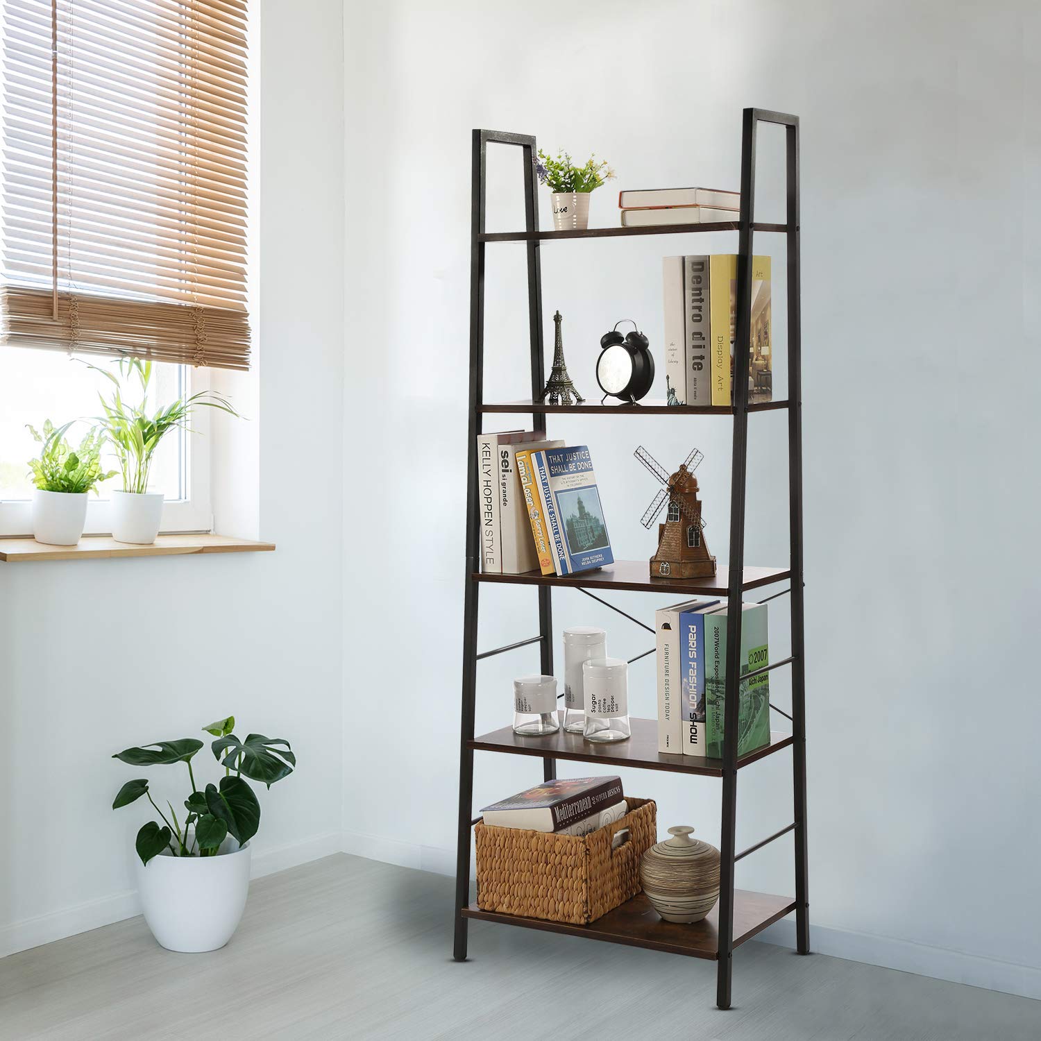 CHADIOR Ladder Bookshelf, 5-Tier Industrial, Freestanding Tall Wooden and Metal Frame Shelf, Narrow Etagere Bedroom and Living Room Easy Assembly Bookcases, Rustic Brown