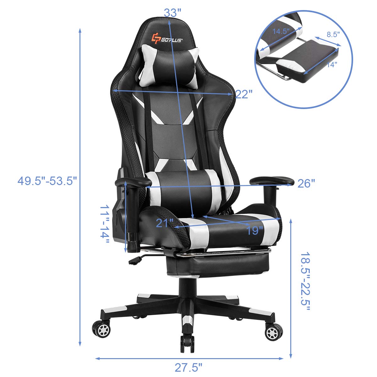 Goplus Massage Gaming Chair with RGB Light, Reclining Backrest Handrails and Seat Height Adjustment Racing Computer Office Chair with Footrest, Ergonomic High Back PU Swivel Game Chair