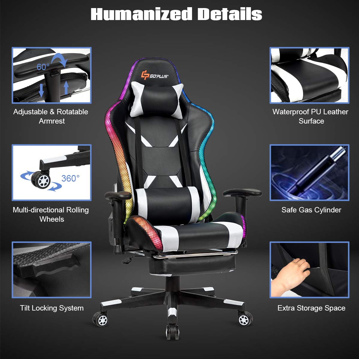 Goplus Massage Gaming Chair with RGB Light, Reclining Backrest Handrails and Seat Height Adjustment Racing Computer Office Chair with Footrest, Ergonomic High Back PU Swivel Game Chair