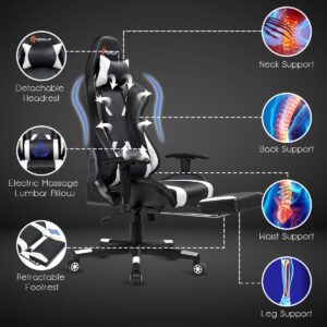 Goplus Massage Gaming Chair with RGB Light, Reclining Backrest Handrails and Seat Height Adjustment Racing Computer Office Chair with Footrest, Ergonomic High Back PU Swivel Game Chair