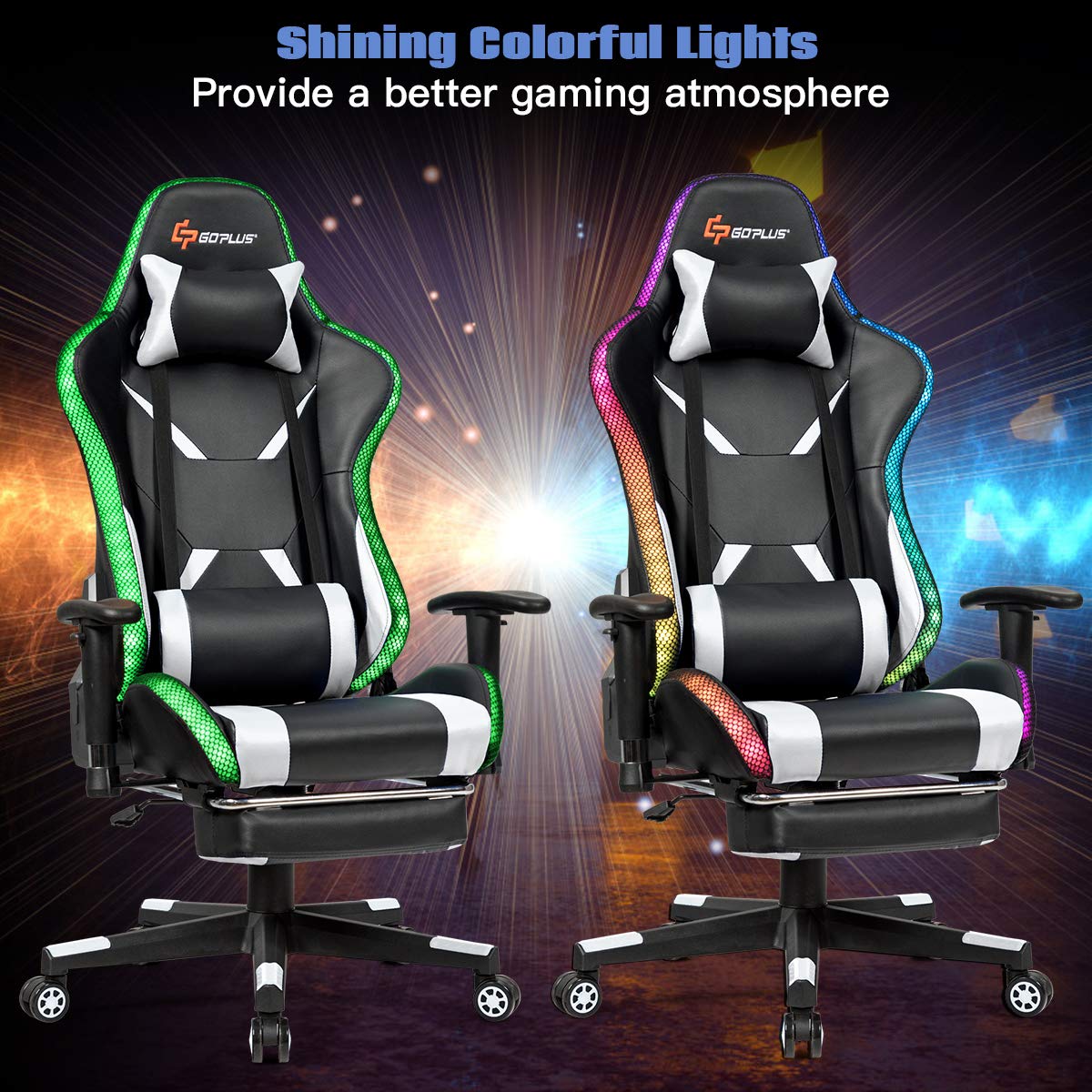 Goplus Massage Gaming Chair with RGB Light, Reclining Backrest Handrails and Seat Height Adjustment Racing Computer Office Chair with Footrest, Ergonomic High Back PU Swivel Game Chair