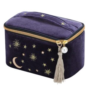 handy cosmetic makeup bag,square navy velvet embroidered applique moon stars sun cosmetic bag,high capacity starry makeup pouch with tassels & pearl zipper,beautician storage bag clutch handbags