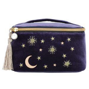 Handy cosmetic makeup bag,square Navy Velvet Embroidered Applique Moon Stars Sun Cosmetic Bag,High capacity Starry Makeup Pouch with Tassels & Pearl Zipper,Beautician Storage Bag Clutch Handbags