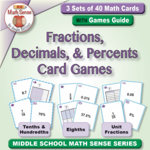 fractions, decimals, & percents card games: 3 sets of 40 cards with games guide