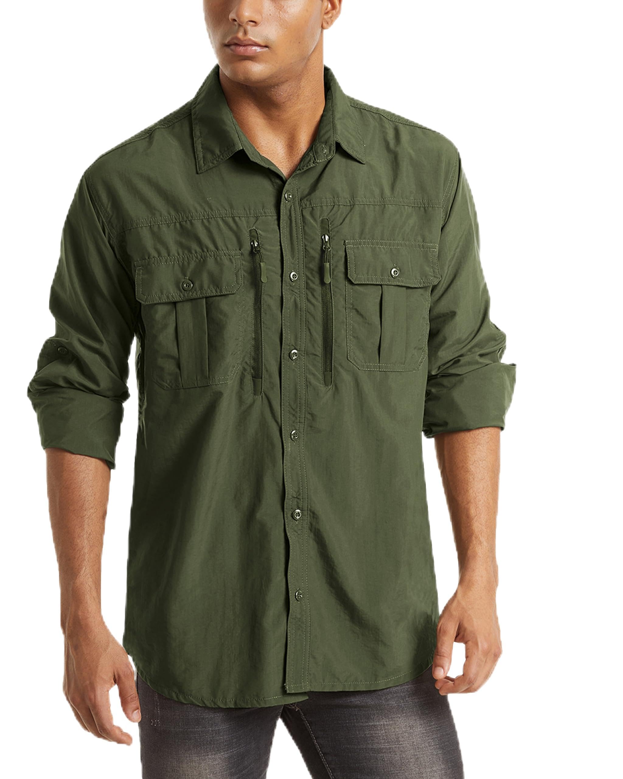 MAGCOMSEN UV Protection Shirts for Men Fishing Shirts for Men Long Sleeve Shirts for Men Hiking Shirts Work Shirts Army Green XL