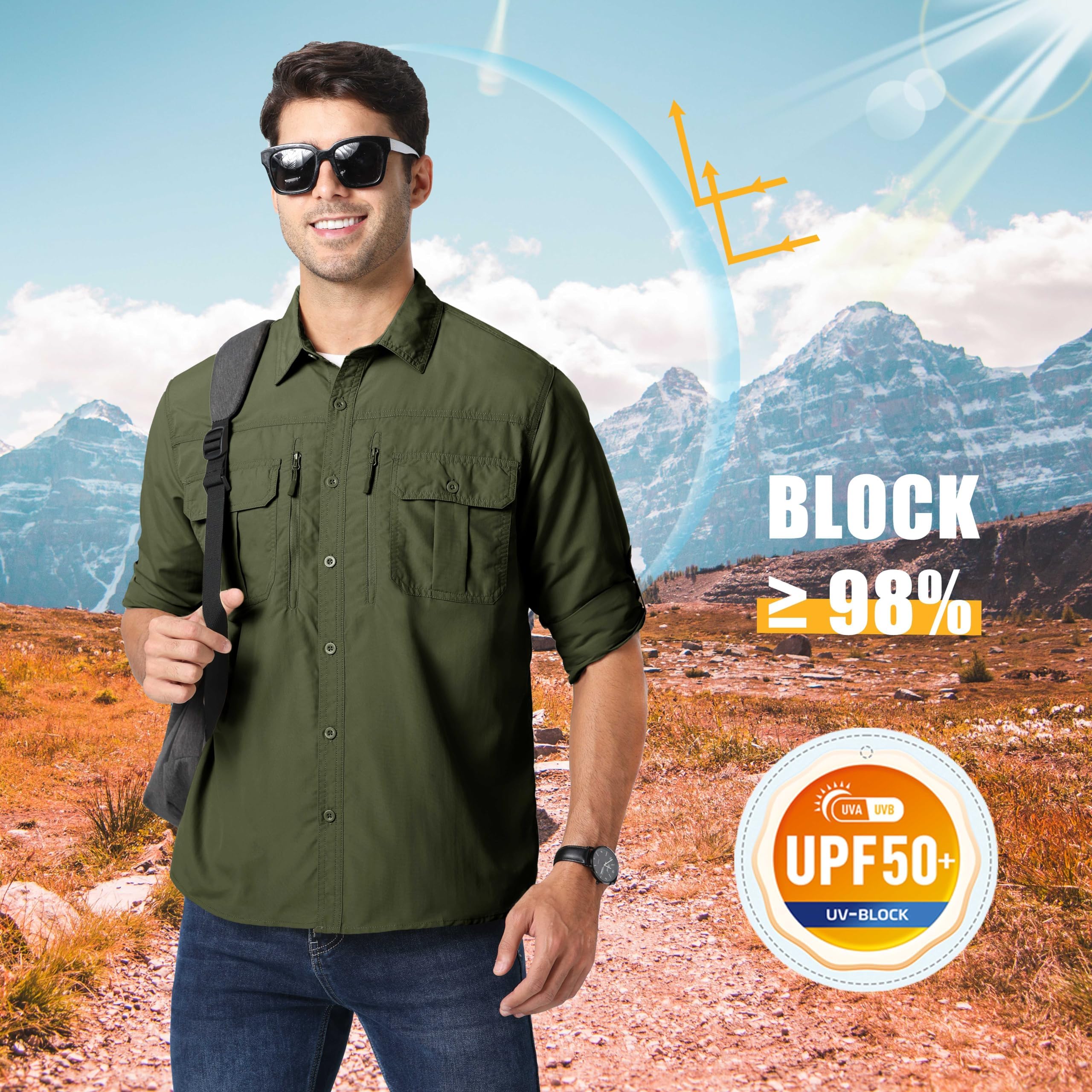 MAGCOMSEN UV Protection Shirts for Men Fishing Shirts for Men Long Sleeve Shirts for Men Hiking Shirts Work Shirts Army Green XL