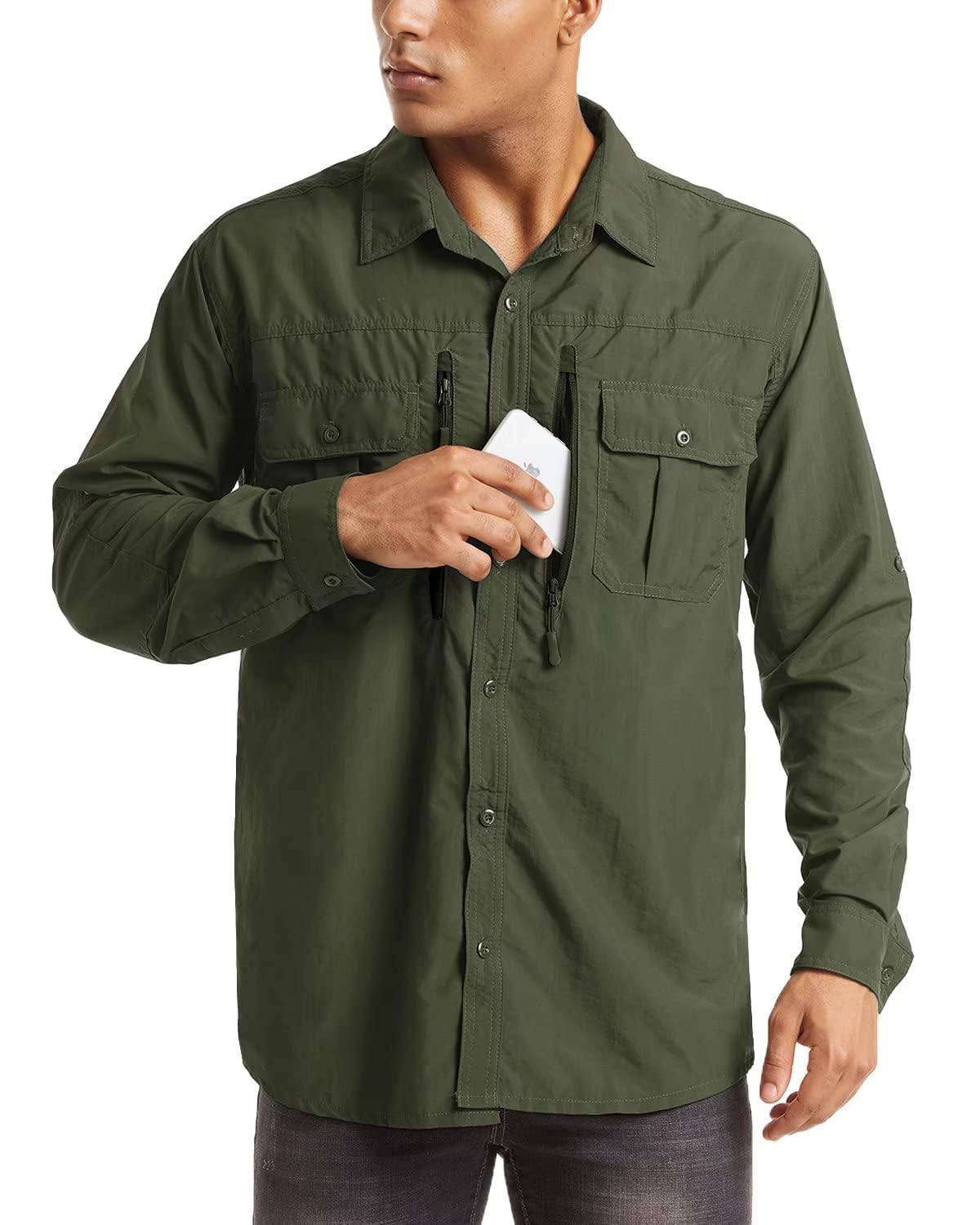 MAGCOMSEN UV Protection Shirts for Men Fishing Shirts for Men Long Sleeve Shirts for Men Hiking Shirts Work Shirts Army Green XL