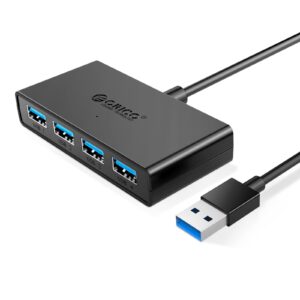 orico 4-port usb 3.0 hub, usb hub 3.0 with power supply port[charging not supported], 5 ft data cable for desktop, imac, surface pro, xps, usb flash drives, mobile hdd, and more - black