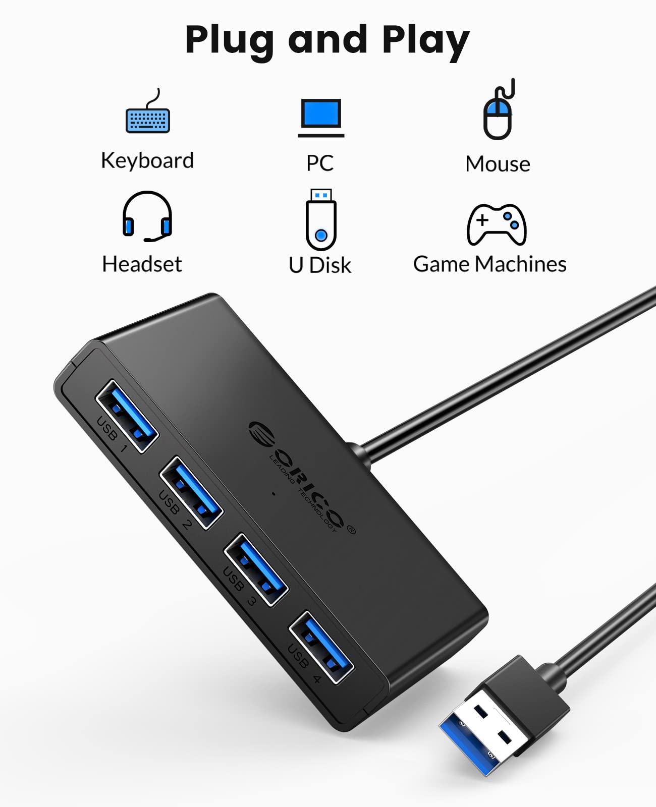 ORICO 4-Port USB 3.0 hub, USB hub 3.0 with Power Supply Port[Charging Not Supported], 5 ft Data Cable for Desktop, iMac, Surface Pro, XPS, USB Flash Drives, Mobile HDD, and More - Black