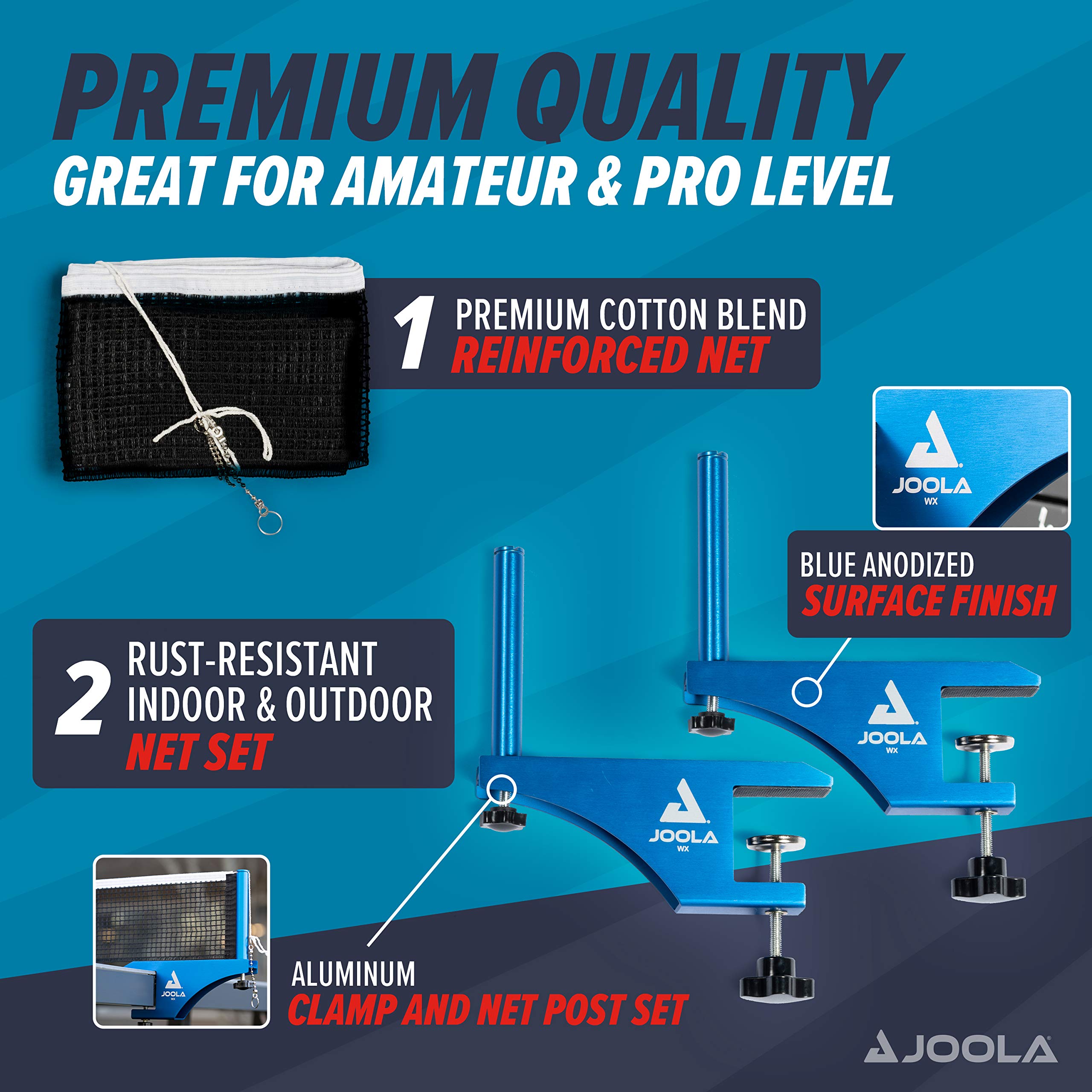 JOOLA Professional Grade WX Aluminum Indoor & Outdoor Table Tennis Net and Post Set - Quick Setup - 72in Regulation Ping Pong Net - Reinforced Cotton Blend Net w/ Adjustable Tensioning System