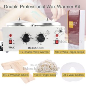 Double Wax Warmer Professional Electric Heater Hair Removal Dual Parrafin Hot Facial Skin Equipment SPA Adjustable Temperature with 140 Wooden Sticks