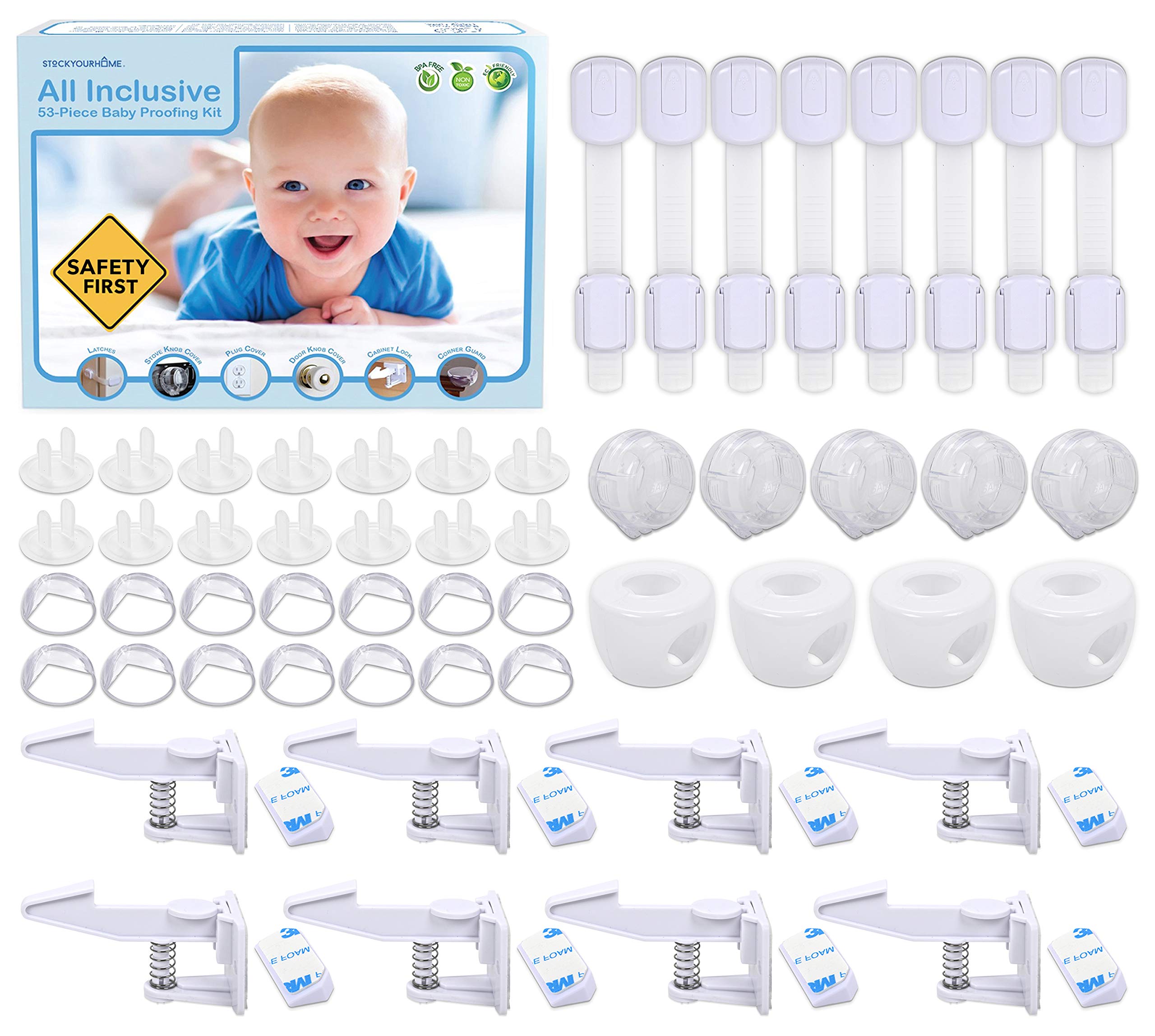 Stock Your Home Baby Proofing Kit (53 Pieces) - Ecofriendly & Non Toxic Baby Proof Set - 14 Corner Guards, 14 2-Prong Plug Covers, 8 Cabinet Locks, 8 Latches, 5 Stove Knob Covers, & 4 Door Knob Covers