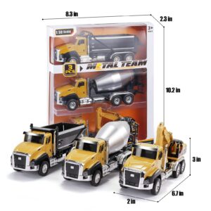 TEMI 3 Pack of Diecast Engineering Construction Vehicles, Dump Truck, Digger, Mixer Truck, 1/50 Scale Metal Collectible Model Cars, Pull Back Car Toys with Opening Doors for Boys and Girls