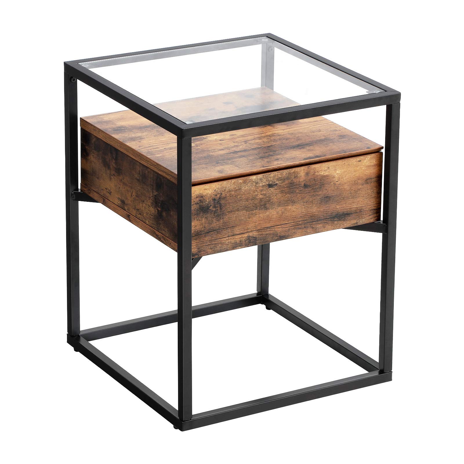 VASAGLE GLATAL Side Table, Nightstand, Tempered Glass End Table, with Drawer and Shelf, Decoration in Living Room, Stable Steel Frame, Industrial, Hazelnut Brown and Black ULET004G01