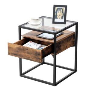 VASAGLE GLATAL Side Table, Nightstand, Tempered Glass End Table, with Drawer and Shelf, Decoration in Living Room, Stable Steel Frame, Industrial, Hazelnut Brown and Black ULET004G01