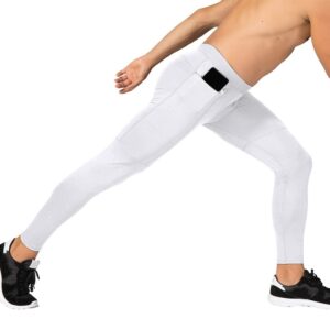 WRAGCFM Compression Pants Men,Tights for Men Running Workout Basketball Athletic Sports Leggings Compression Tights with Pockets White,S