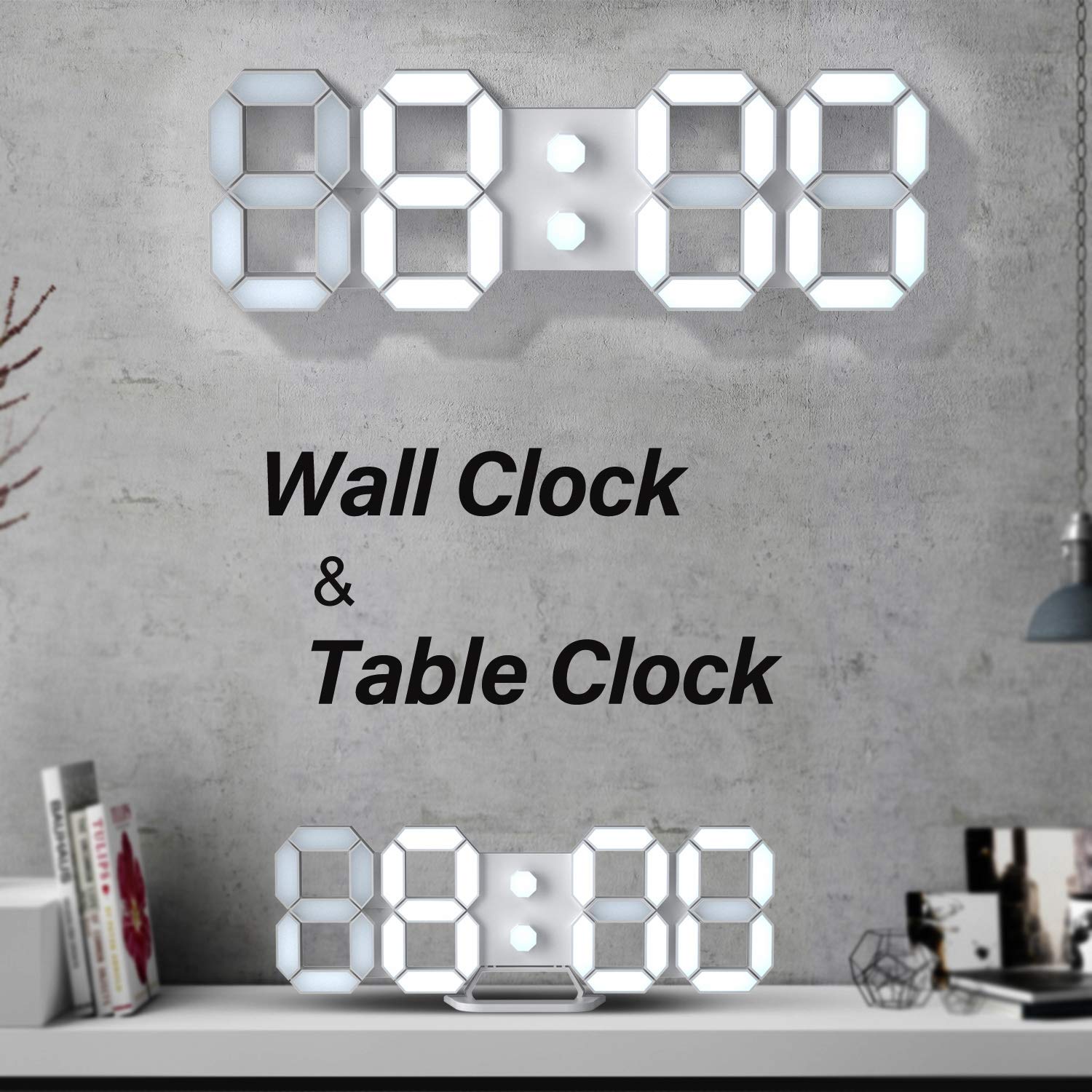 EDUP Home 3D LED Digital Wall Clock Desk Alarm Clock with Remote Control for Kitchen Bedroom Office, Fashion 9.7" LED Night Light Decor Clock Adjust Brightness 12H/24H Time Date Temperature White