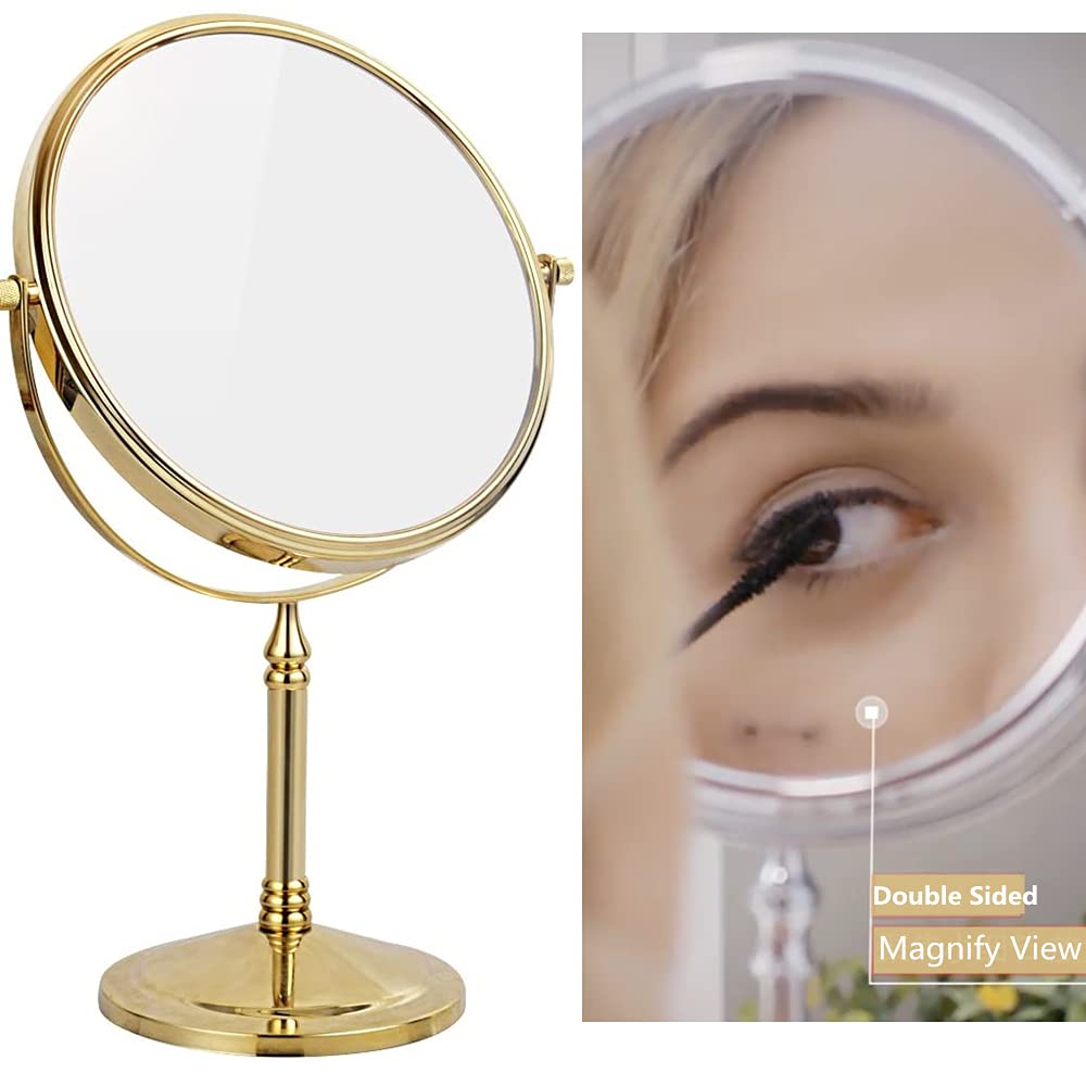 Gecious Gold Makeup Mirror 1X/10X Free Standing for Bathroom 8 Inches 360 Swivel Dual-Sided Tabletop Makeup Mirror, Metal