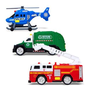 boley city vehicles - 3 pack toy trucks and helicopter - fire truck, recycle dump truck, and police helicopter car set - toy cars for 3 year old boys/girls and up