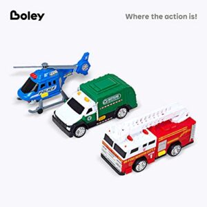 Boley City Vehicles - 3 Pack Toy Trucks and Helicopter - Fire Truck, Recycle Dump Truck, and Police Helicopter Car Set - Toy Cars for 3 Year Old Boys/Girls and Up