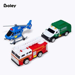 Boley City Vehicles - 3 Pack Toy Trucks and Helicopter - Fire Truck, Recycle Dump Truck, and Police Helicopter Car Set - Toy Cars for 3 Year Old Boys/Girls and Up