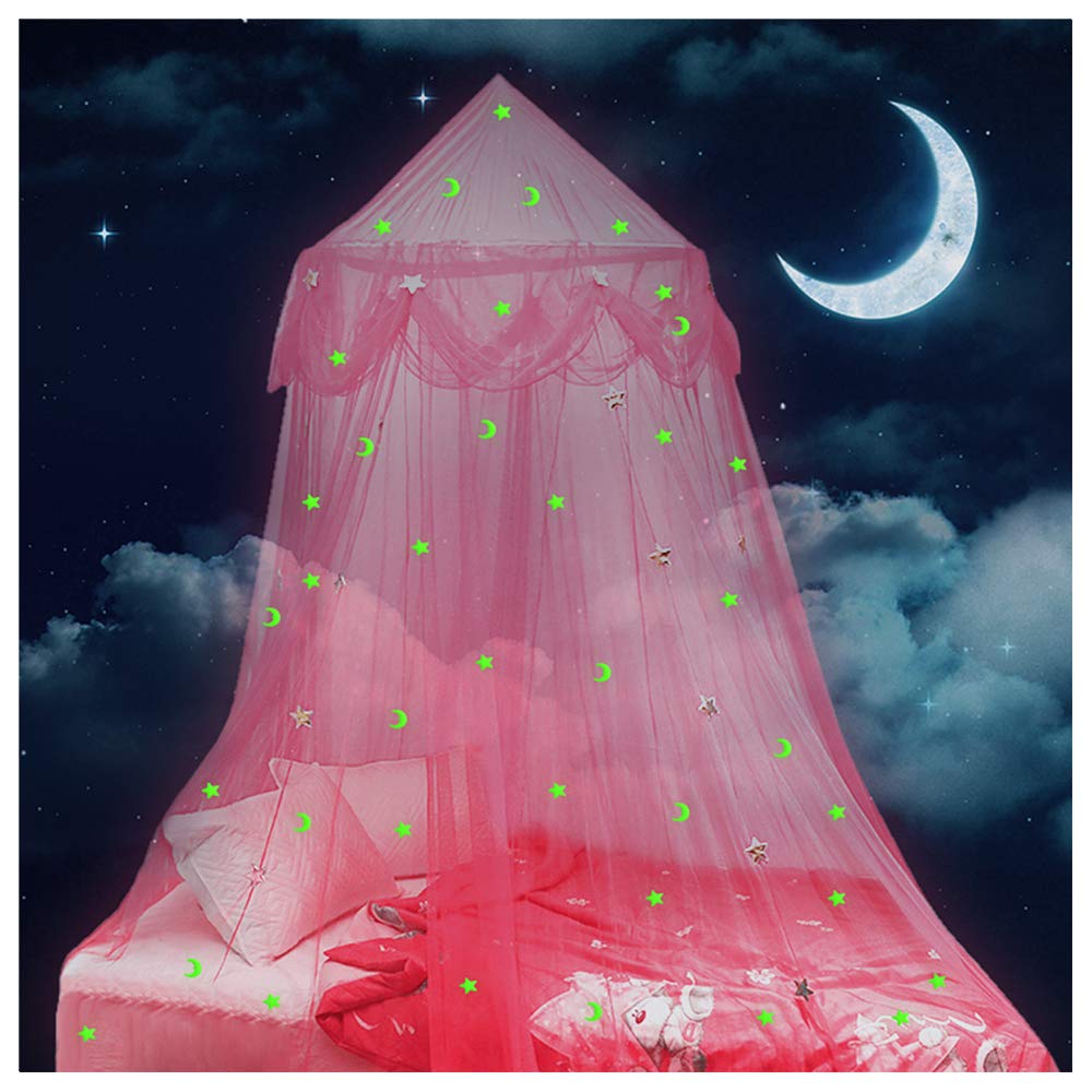 Lamdgbway Bed Canopy for Girls Glow in The Dark Stars and Moon Princess Mosquito Net Crib Hanging Tent Gift for Kids Birthday Bedroom Decor Pink