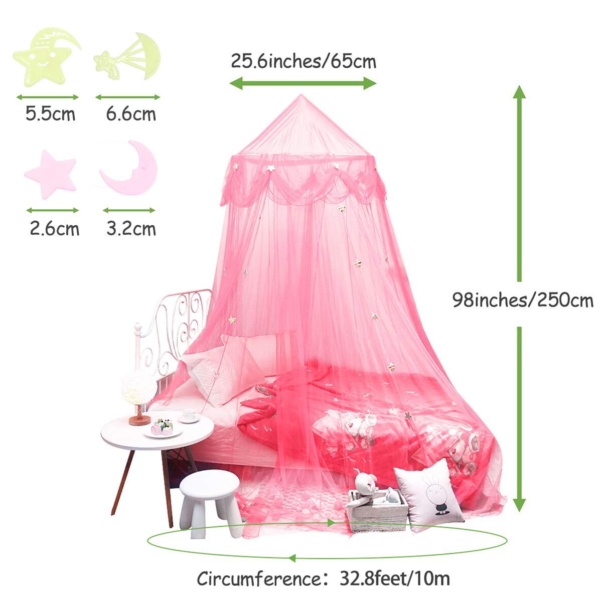 Lamdgbway Bed Canopy for Girls Glow in The Dark Stars and Moon Princess Mosquito Net Crib Hanging Tent Gift for Kids Birthday Bedroom Decor Pink