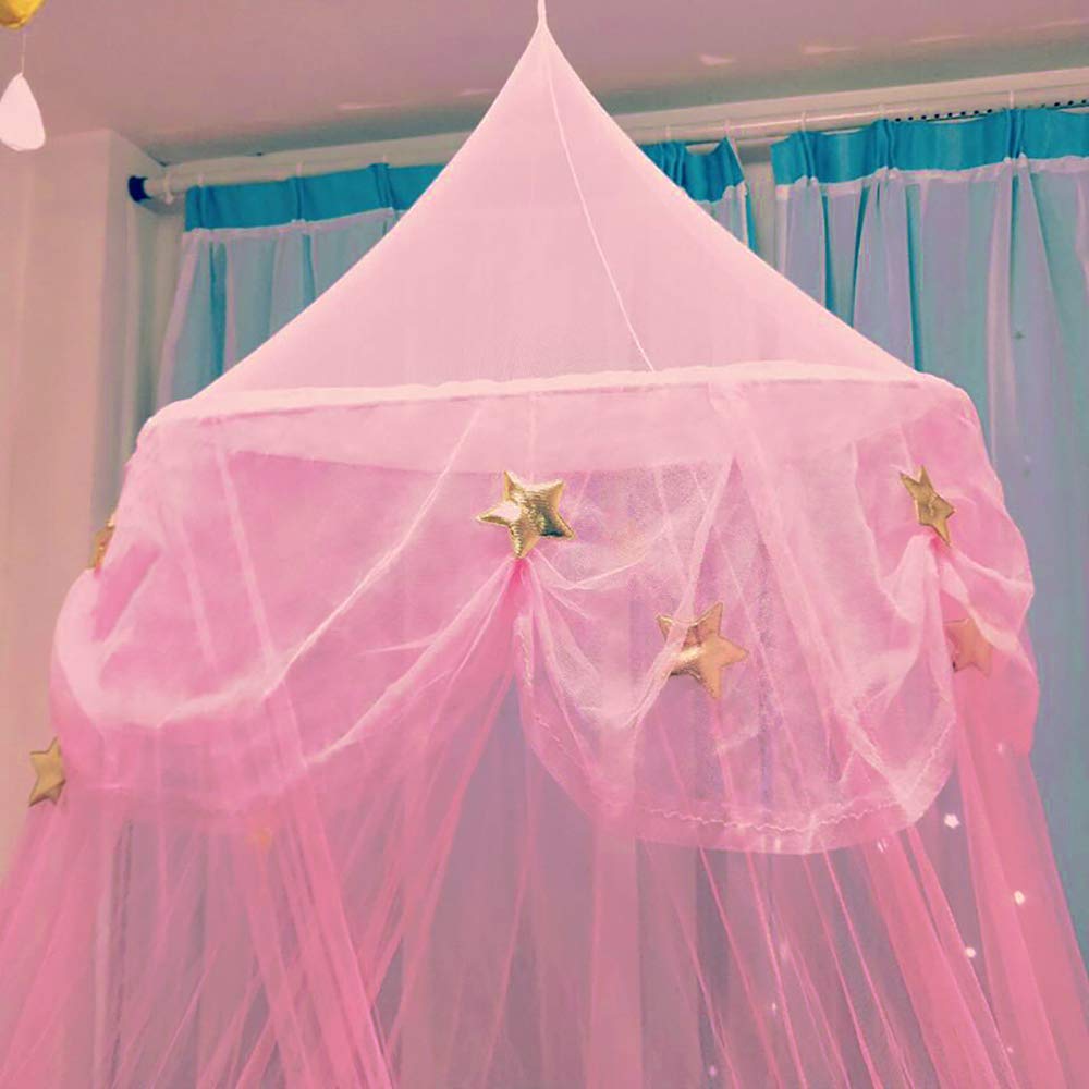 Lamdgbway Bed Canopy for Girls Glow in The Dark Stars and Moon Princess Mosquito Net Crib Hanging Tent Gift for Kids Birthday Bedroom Decor Pink