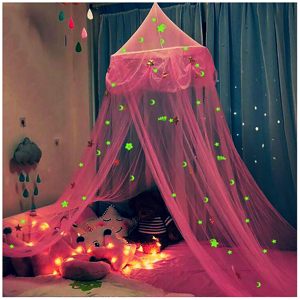 Lamdgbway Bed Canopy for Girls Glow in The Dark Stars and Moon Princess Mosquito Net Crib Hanging Tent Gift for Kids Birthday Bedroom Decor Pink