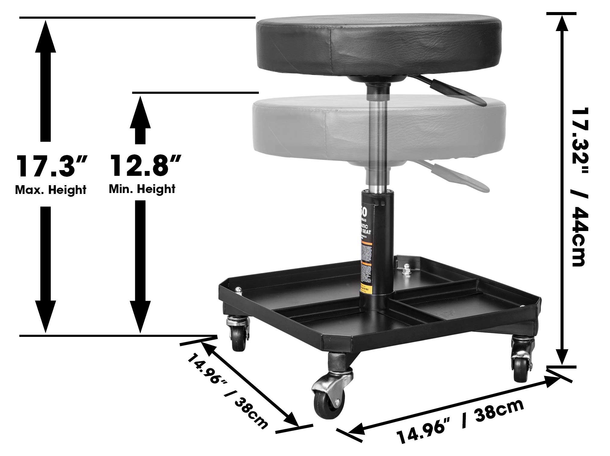 Torin ATR6350B Rolling Pneumatic Creeper Garage/Shop Seat: Padded Adjustable Mechanic Stool with Tool Tray Storage, Black