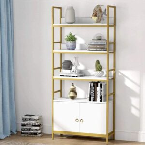 tribesigns gold bookcase with door, 4-tier white etagere standard bookshelf with storage cabinet, modern book shelves display shelf with door for home office, white