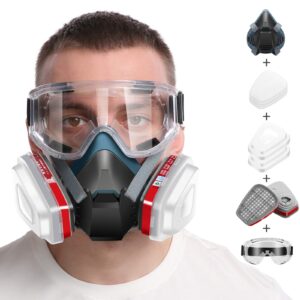 dk177 half respirator,dust half respirator with replaceable and reusable filters included, pack of 1 with 10 filters for painting, machine polishing, welding and other work protection