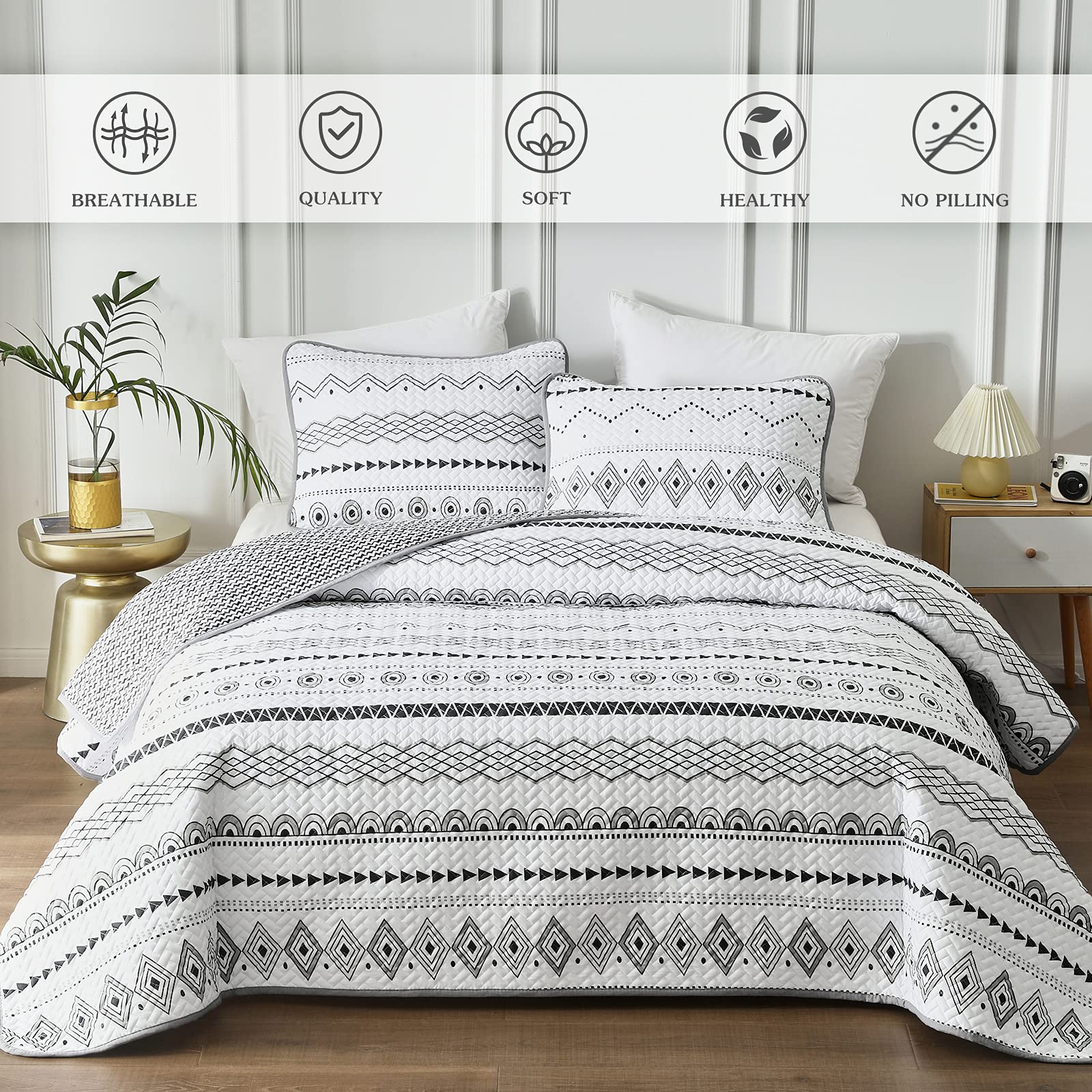 Flysheep 2-Piece Bohemian Geometric Twin Quilt Set for Kids, Aztec White n Black Boho Striped Summer Lightweight Bedspread/Coverlet Set, Brushed Microfiber for All Season - 68" x 86"