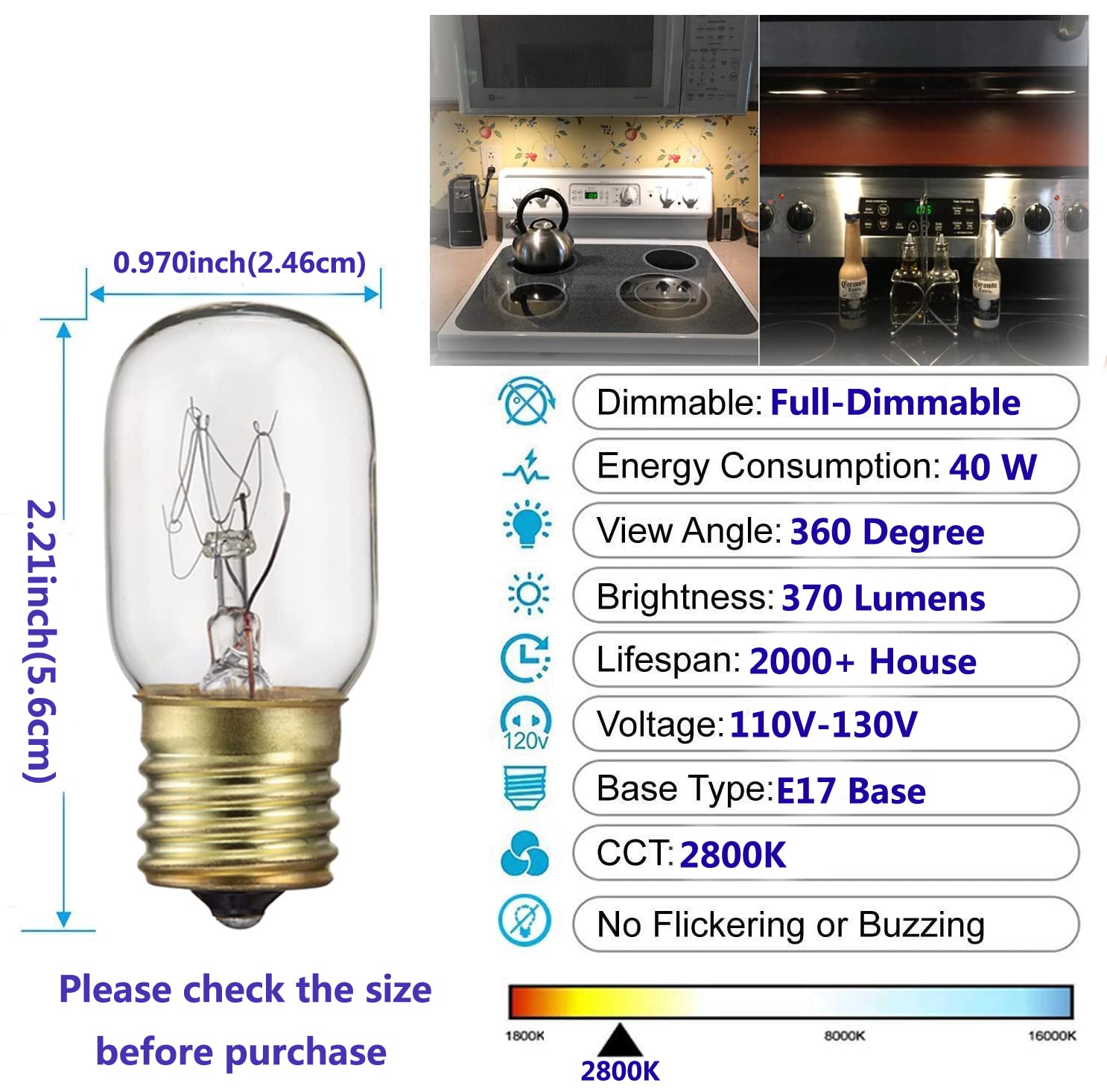 40 Watt Appliance Light Bulb,High Temp Resistance Microwave Oven Bulb, E17 Indicator Intermediate Base T8 Tubular Incandescent Light Bulbs,Dimmable (Pack of 8)