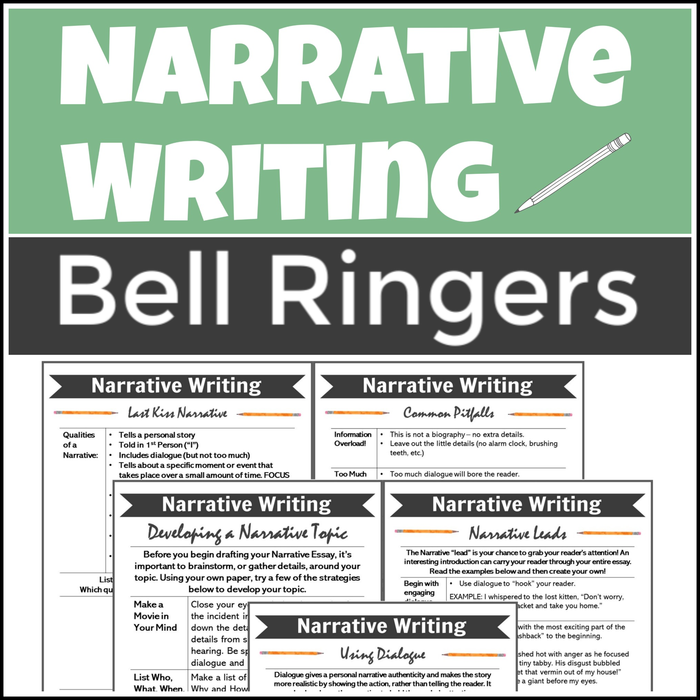 Narrative Writing Bell Ringer Pack - 11 Prompts for A Narrative Essay Unit - Entry Tasks With Google Drive Version for Print and Online Classrooms