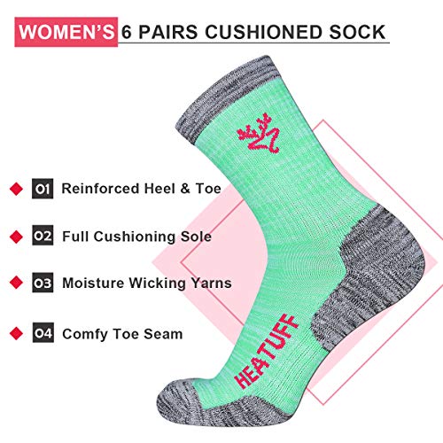 Heatuff Womens 6 Pack Hiking Crew Socks Performance Athletic Cushion Outdoor Trekking Sock