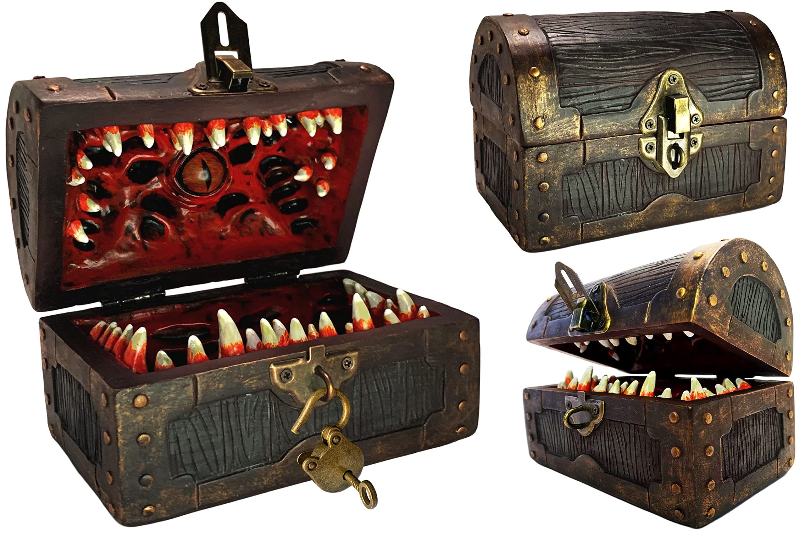 Galdor's Guild Mimic Dice Chest Storage Box | Free Lock & Key | Compatible with Dungeons & Dragons Players, Dungeon Master/DM RPG Gaming | Holder Vault Case | Holds 4 Sets of Polyhedral Dice (Regular)