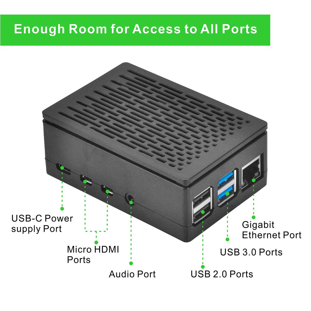 KOOKYE Raspberry Pi 4 Enclosure Black+Type C Power Supply USB-C 5.1V 3A+Heat Sinks+Cooling Fan