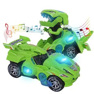 huwairen toys for 3-6 year old boys transforming car toys with led light and music dinosaur toy birthday gifts for 4 5 6 7 year old boy (green)