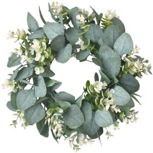 ironland 12" artificial eucalyptus wreath for front door small spring summer wreath little green leaves wreath for farmhouse festival celebration party home porch decor