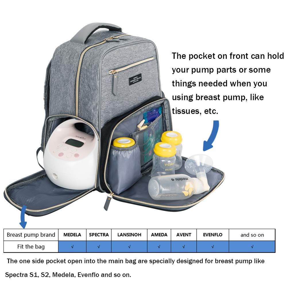 Breast Pump Backpack Diaper Bag - Multi-Function Cooler and Moistureproof Bag for Mother Baby Bottle Breast Milk Pump Mommy Outdoor Working Backpack with Insulation Pocket (Grey&Black)