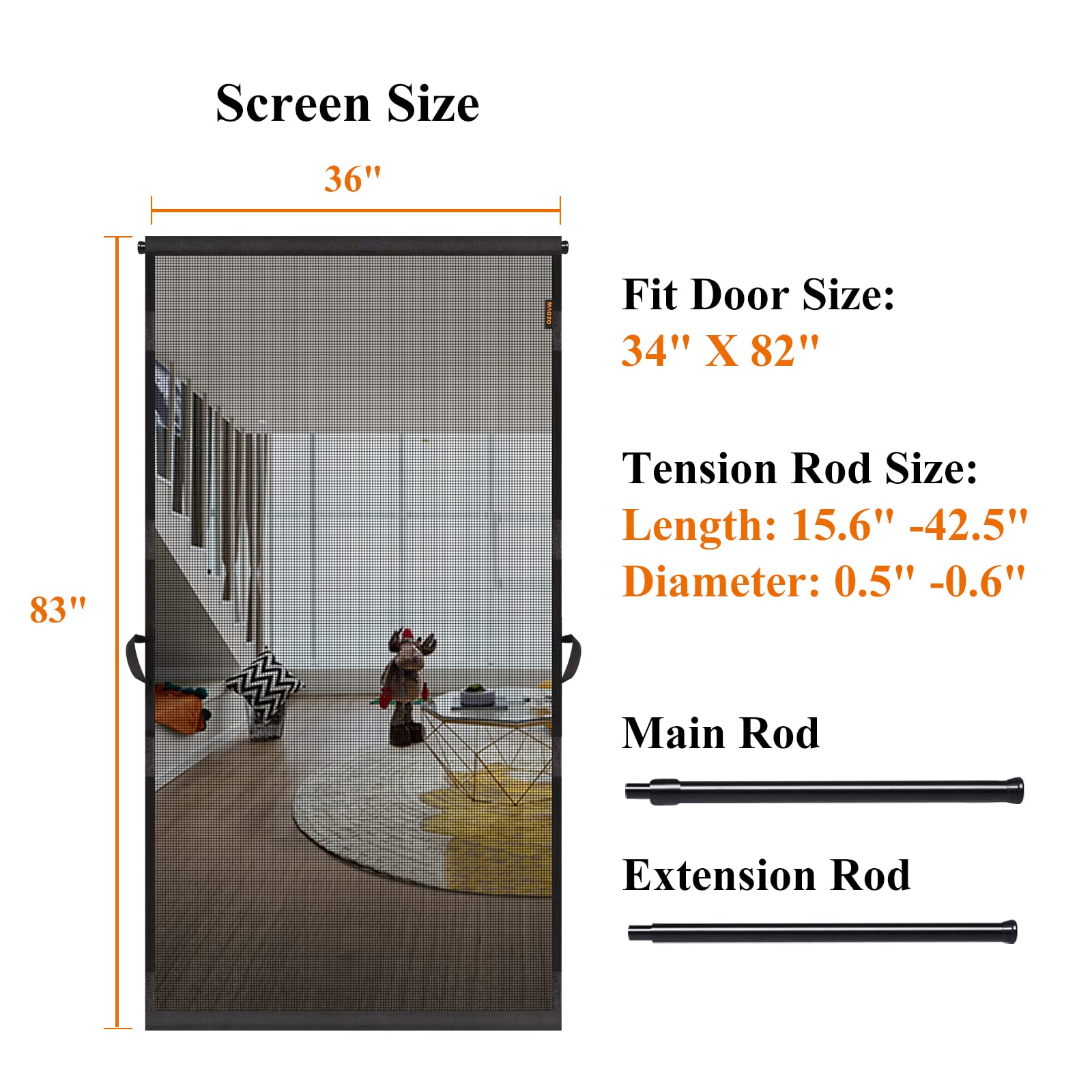 MAGZO Hanging Screen Door, Fits Door Size 34" x 82" (Curtain Size 36'' x 83''), Upgraded Fiberglass Screen Door Mesh with Tension Rod&Hook&Loop (One Piece Can be Installed in 2 Ways), Weighted Bottom