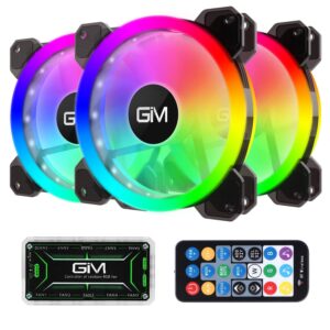 gim kb-23 rgb case fans, 3 pack 120mm quiet computer cooling pc fans, music rhythm 5v argb addressable motherboard sync/rc controller, colorful cooler speed adjustable with fan control hub