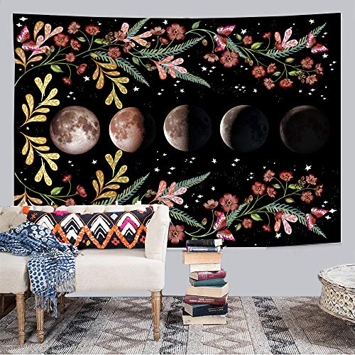 Fendio Black Moonlit Garden Tapestry, Moon Phase Star Surrounded by Flowers Vine Black Wall Hanging Blanket for Room