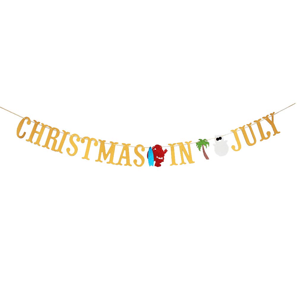 MAGQOO Gold Glitter Christmas In July Banner Garland Photo Props July Tropical Chrismtas Party Decor