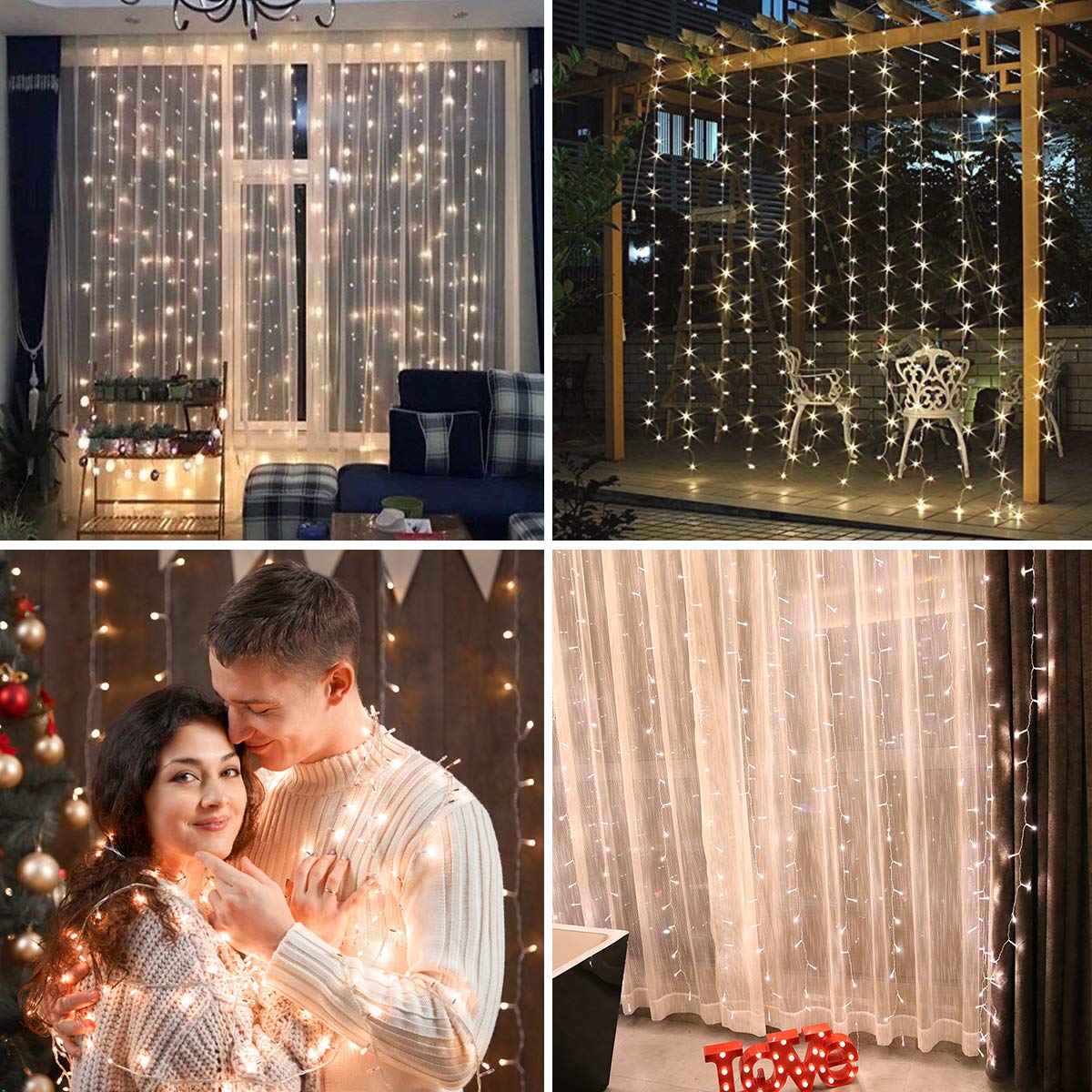 Christmas LED Curtain Lights - ilikable IP44 300LED 9.8*6.6FT Waterproof Indoor and Outdoor Fairy Twinkle String Lights USB-Powered UL588 Approved Decoration for Wedding Party Home Garden Bedroom Wall