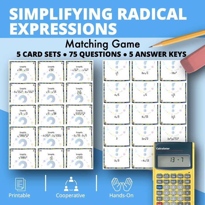 Algebra: Simplifying Radical Expressions Matching Game