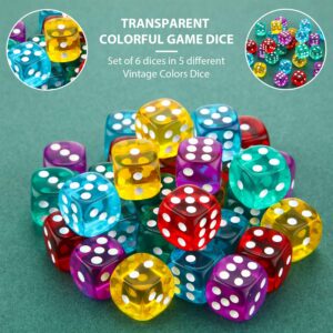 Game Dice Sets 30 Pieces 6-Sided Game Dice 14 mm Translucent Polyhedral Dice Set with Black Pouch for Table Games and Teaching, 5 Colors