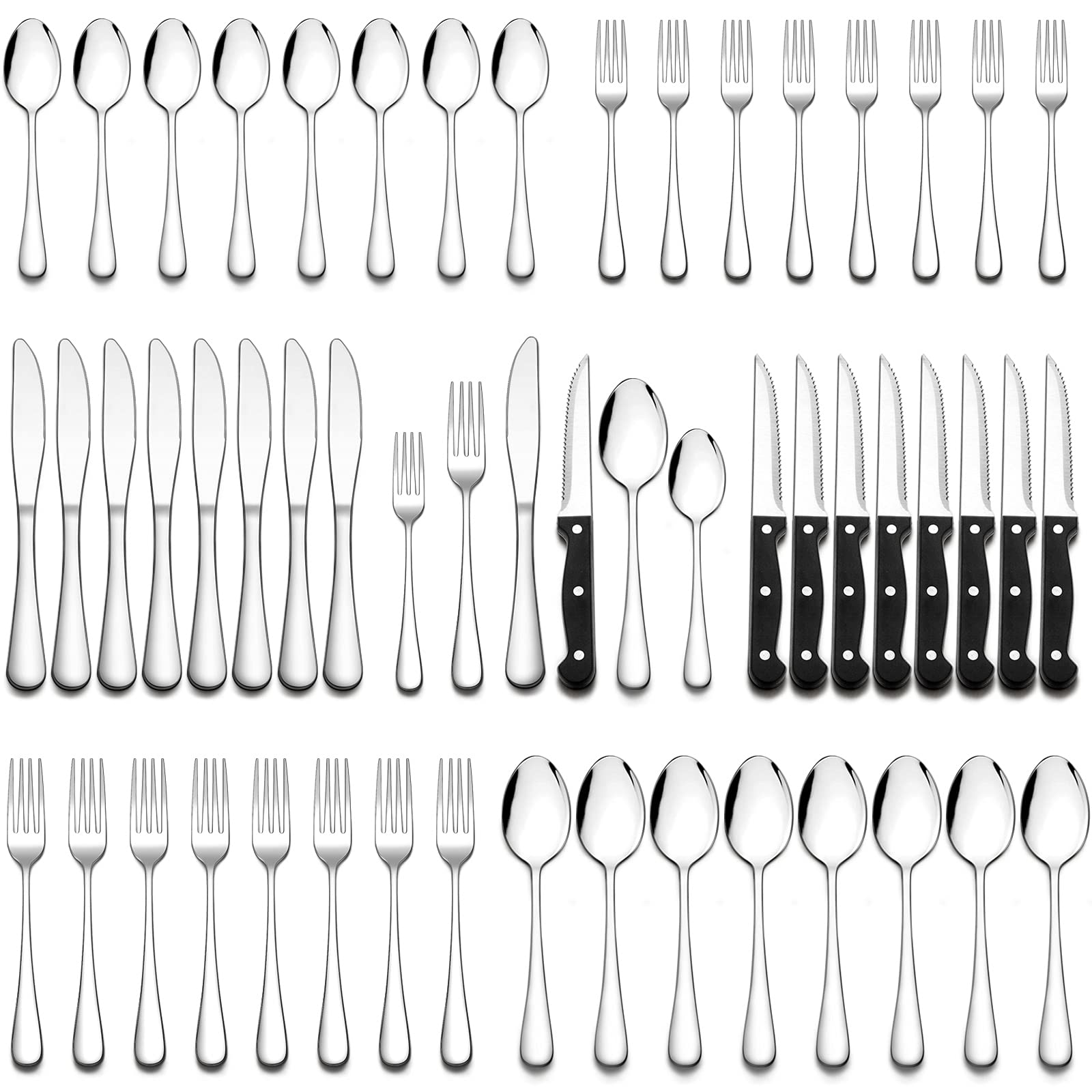 Wildone 24-Piece Flatware Set with Steak Knives, Stainless Steel Silverware Cutlery Set Service for 4, Tableware Eating Utensils Include Knives/Forks/Spoons, Mirror Polished, Dishwasher Safe